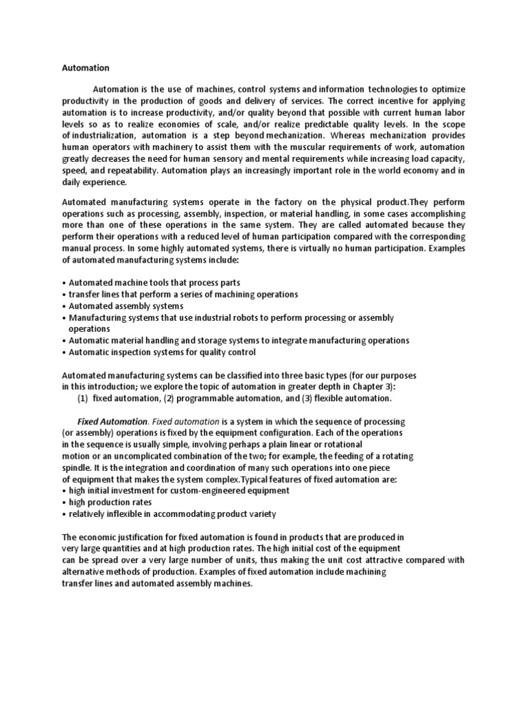 Automation: Fixed Automation. Fixed Automation Is A System in Which The ...
