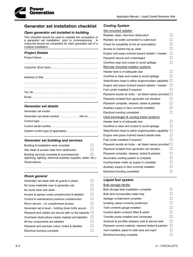 Generator Set Installation Checklist-Open Generator Set | Valve | Radiator