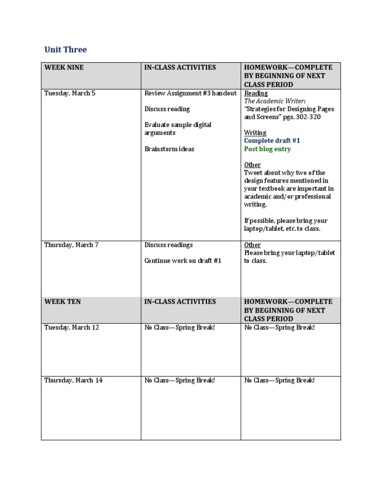 Week 9-11 Class Activities & Homework | PDF