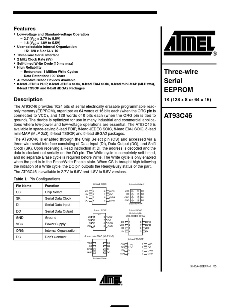 Three-Wire Serial Eeprom: Features | PDF | Instruction Set | Digital ...