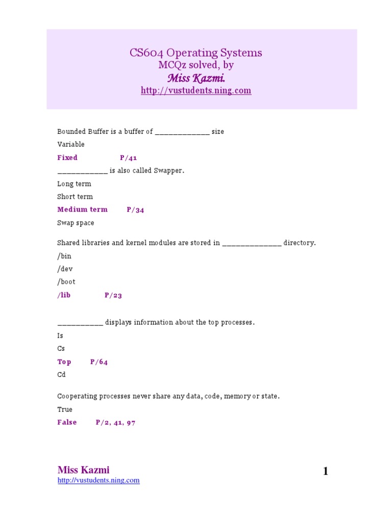 Miss Kazmi.: CS604 Operating Systems | PDF | Scheduling (Computing) | Operating System