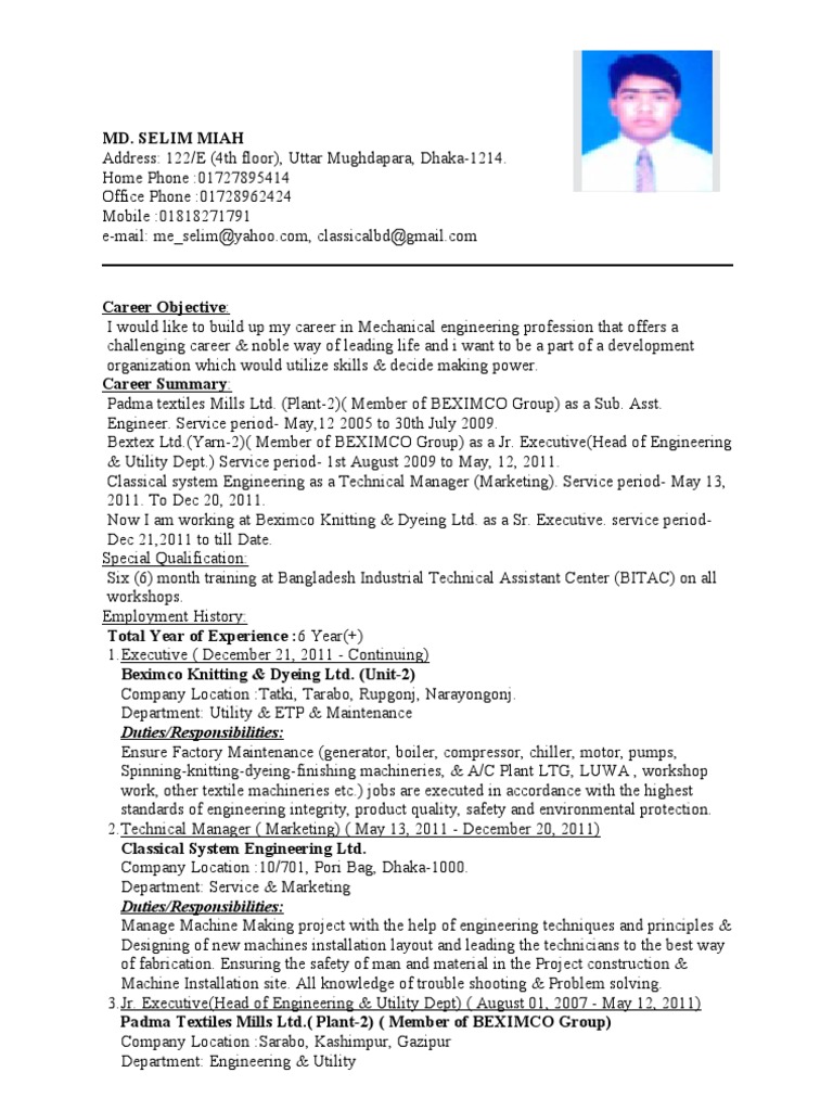 Resume of Md. Selim Miah | PDF | Engineer | Engineering