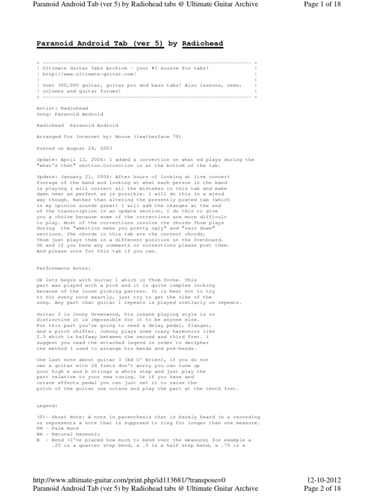 Paranoid Android Tab (Ver 5) by Radiohead | PDF | Music Theory | Necked ...