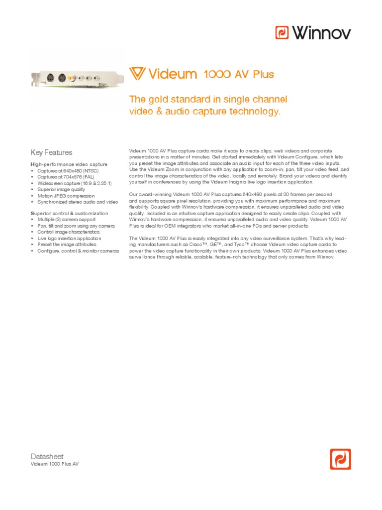 Videum 1000 AV Plus Datasheet | PDF | Video | Data Compression