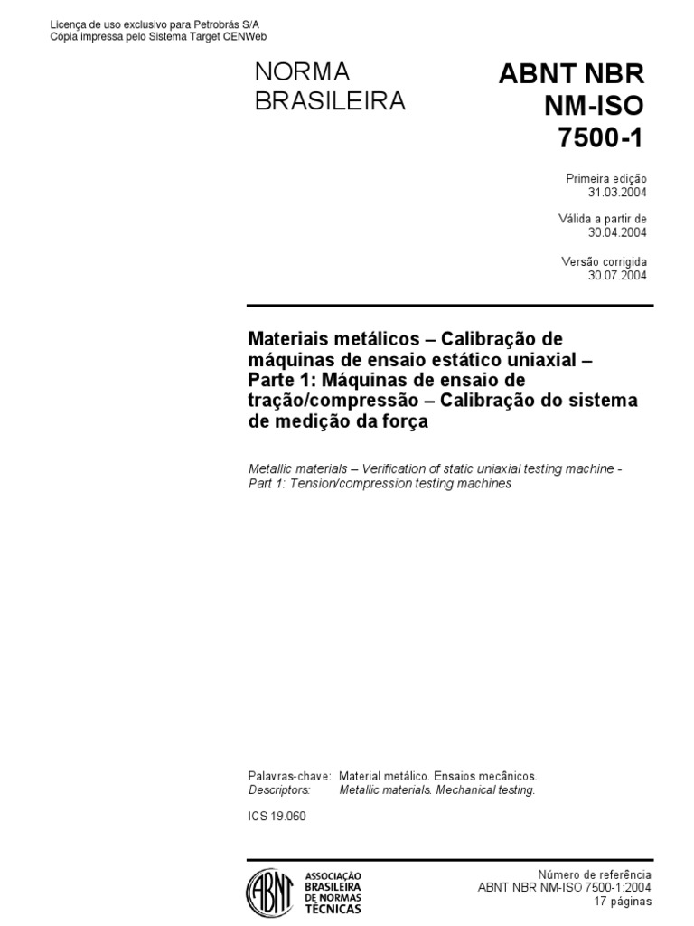 ISO 7500-1 - 2004 - Materiais Metalicos - Calibracao de Maquinas de ...