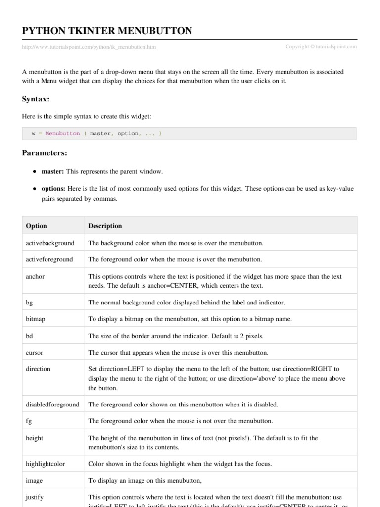 Python Tkinter Menubutton Syntax Pdf Button Computing Widget Gui