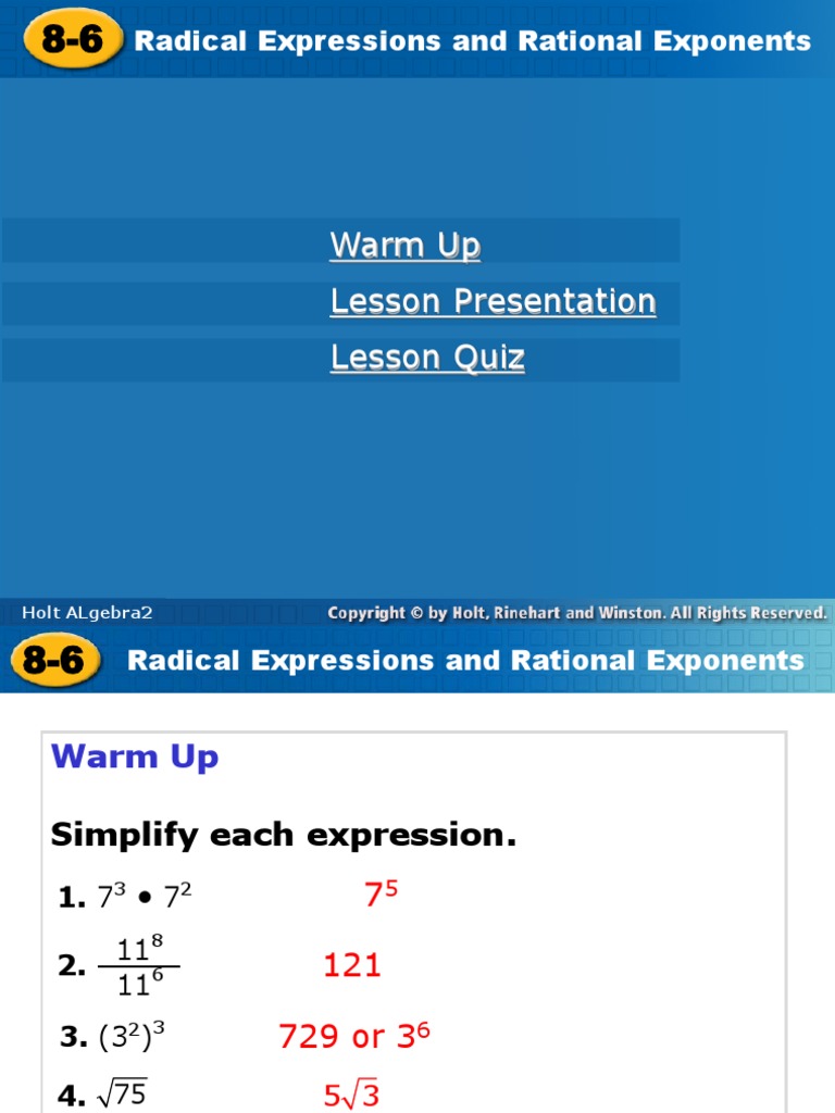 Warm Up Lesson Presentation Lesson Quiz: Holt Algebra 2 Holt Algebra2 ...