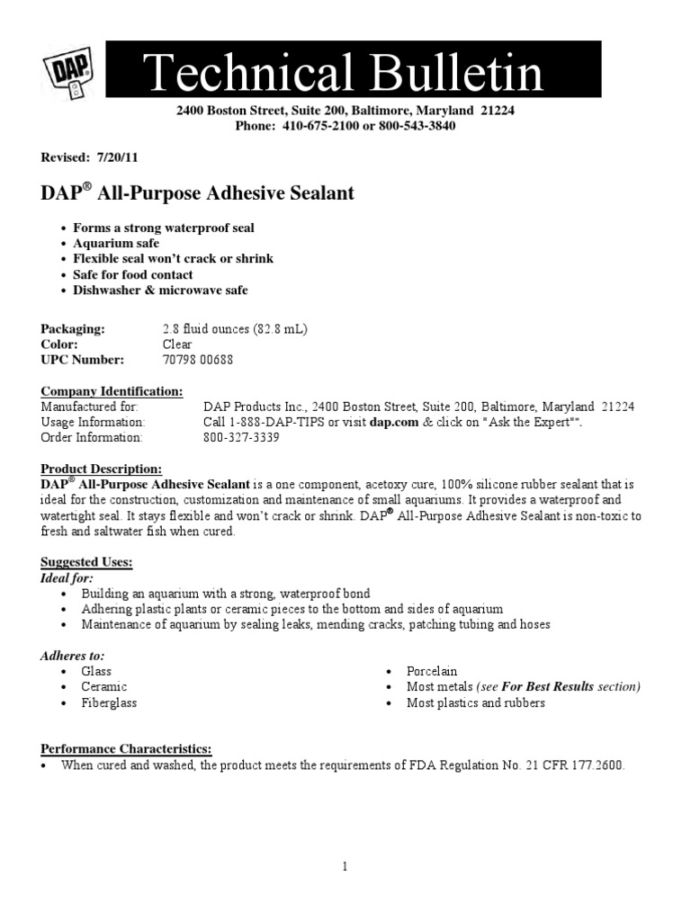 Dap Tech Specs | PDF | Silicone | Aquarium