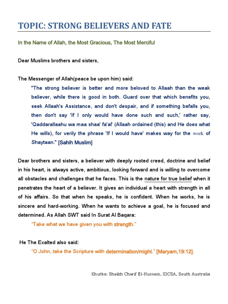 Fate (Qadar) - How Do You Understand It? | PDF | Prophets And ...