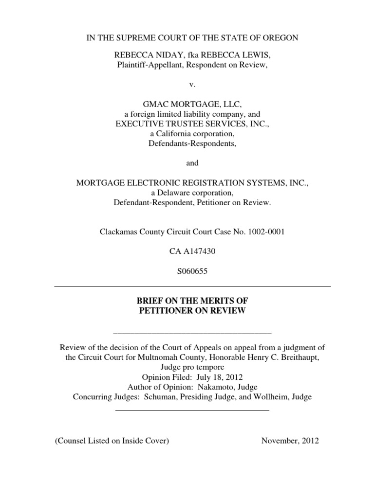 Niday, Mers Opening Brief Oregon Supreme Court | PDF | Deed Of Trust ...