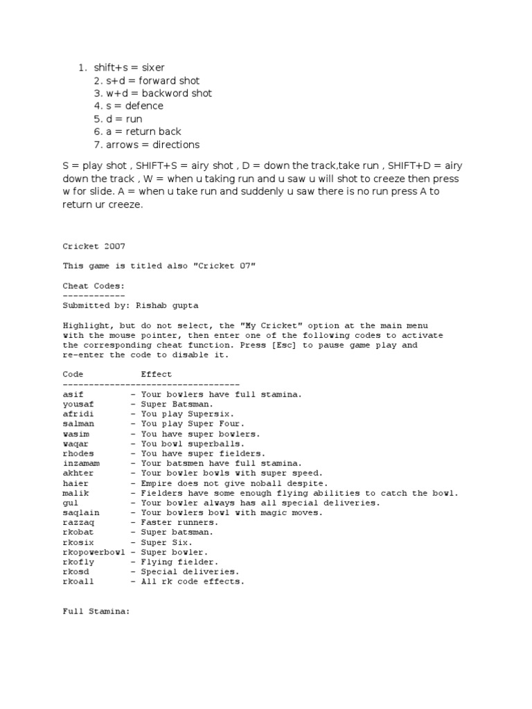 Cricket 07 Controls and Cheat Codes | PDF | Bowling (Cricket) | Cricket