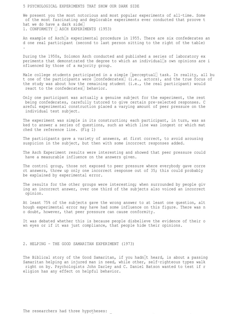 5 Psychological Experiments That Show Our Dark Side | PDF | Obedience ...