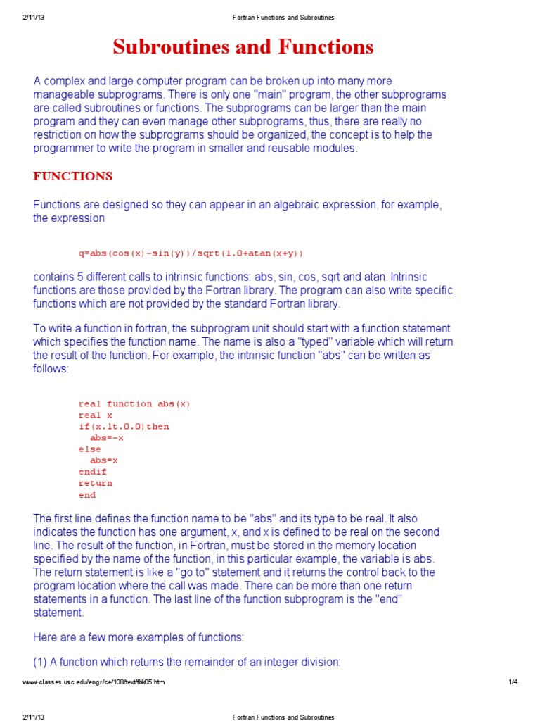 Fortran Functions And Subroutines Pdf Subroutine Parameter Computer Programming