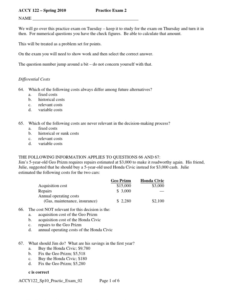 ACCY 122 Spring 2010 Practice Exam 2 | PDF | Cost | Investing