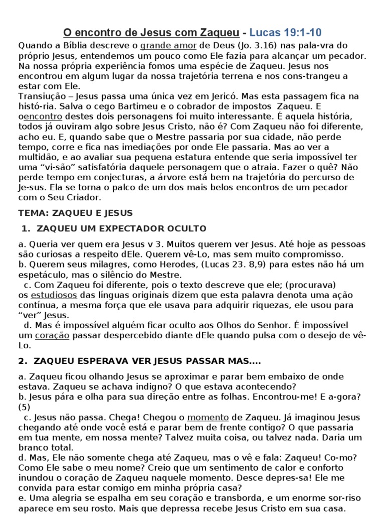 O Encontro de Jesus Com Zaqueu - Lucas 19.1-10 | Download grátis PDF ...