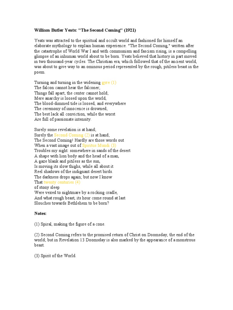 William Butler Yeats: "The Second Coming" (1921) : Gyre | PDF