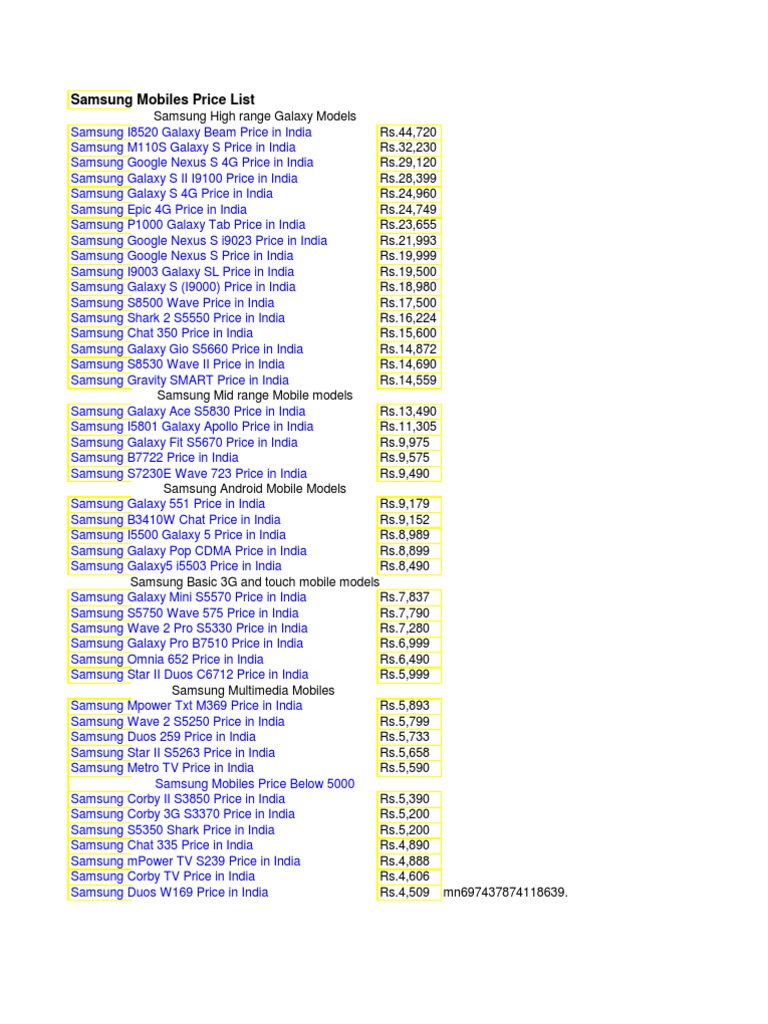 Samsung Mobile Price List