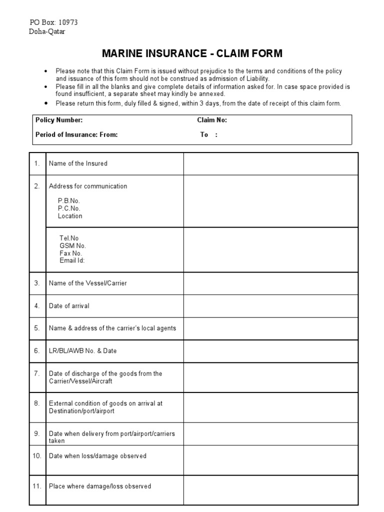 Marine Insurance - Claim Form: PO Box: 10973 Doha-Qatar | PDF