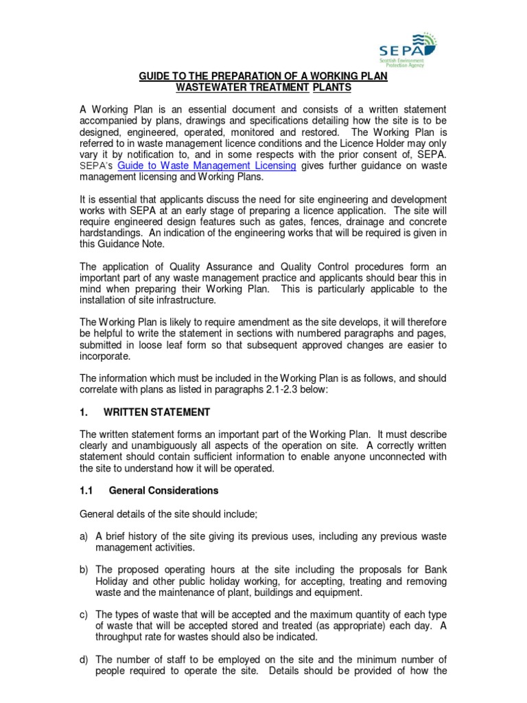 Guide To The Preparation of A Working Plan Wastewater Treatment Plants ...