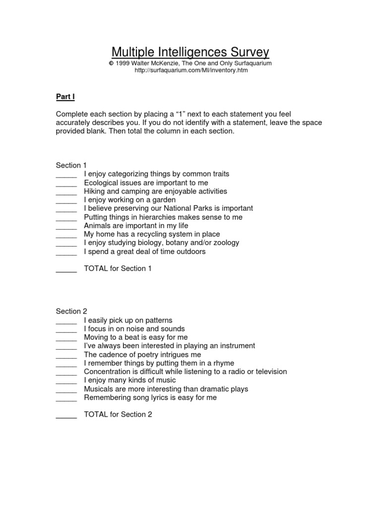 Multiple Intelligence Inventory Survey | PDF | Mind | Cognition