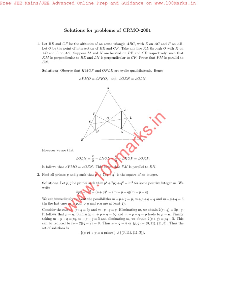 Rmo Sol 2001 Previous Year Question Papers Of Regional Mathematical