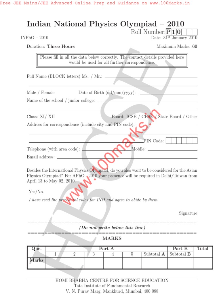 Inpho-10 Previous Year Question of Papers of Indian National Pfysics ...