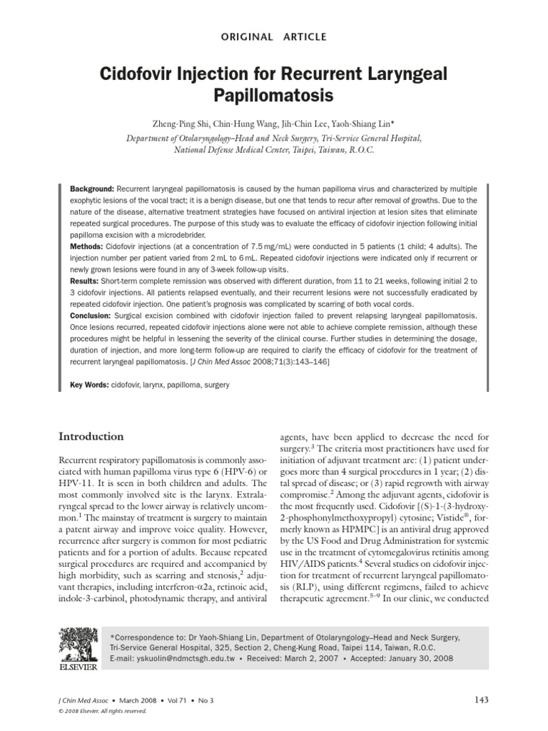 Cidofovir Injection For Recurrent Laryngeal Papillomatosis: Original ...