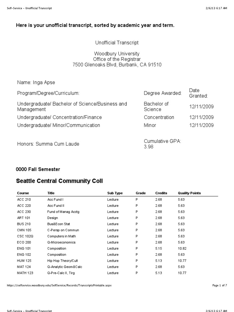 Academic Transcript - BS/MBA | PDF | Academic Term | Grading (Education)