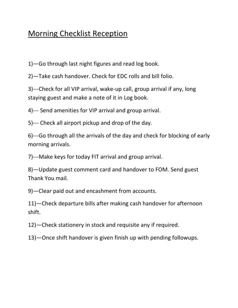 Morning Checklist Reception | PDF