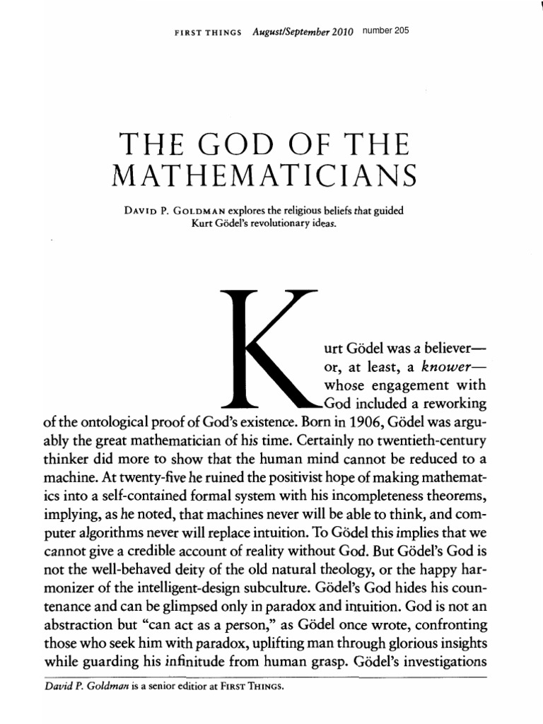 Goldman, David P. God of The Mathematicians. Kurt Godel. Ontological ...