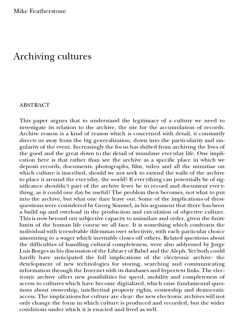Mike Featherstone Archiving Cultures | PDF | Virtual Reality | Cyberspace
