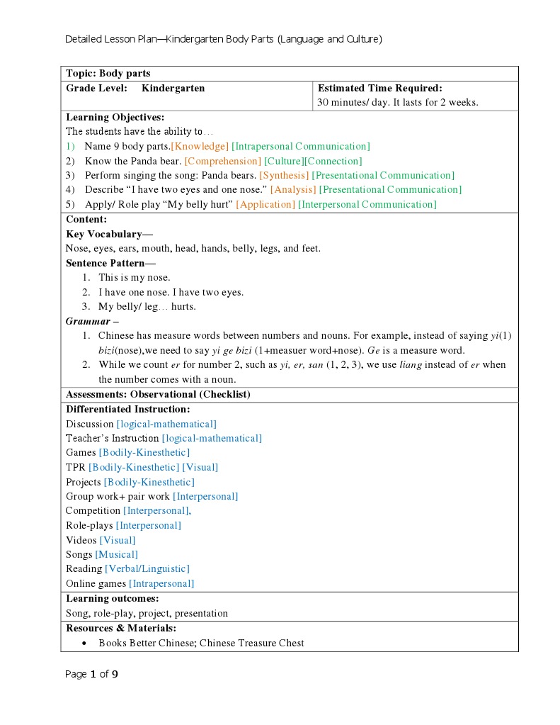 Kindergarten Body Parts Lesson Plan | PDF | Lesson Plan | Singing
