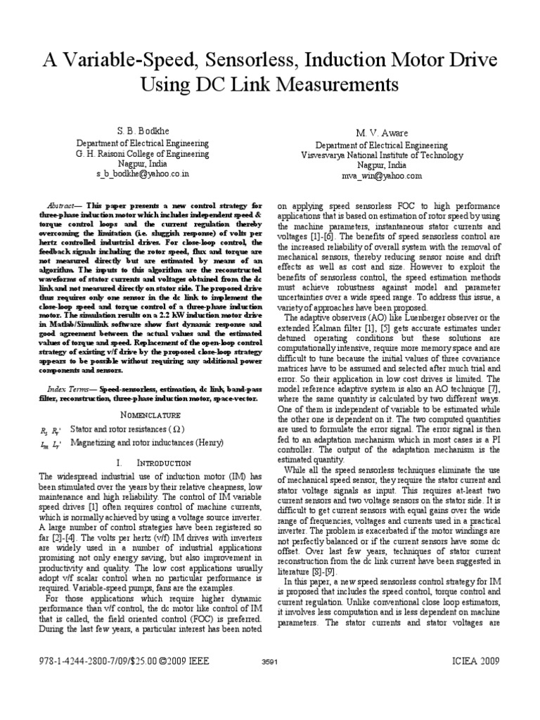 A Variable Speed Sensorless Induction Motor Drive Using Dc Link Measurements Pdf Power