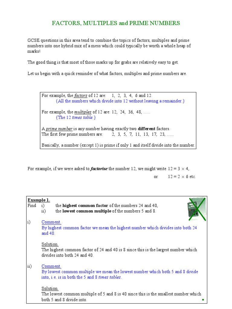 Factors Multiples and Prime Numbers | PDF | Index Of A Subgroup | Prime ...