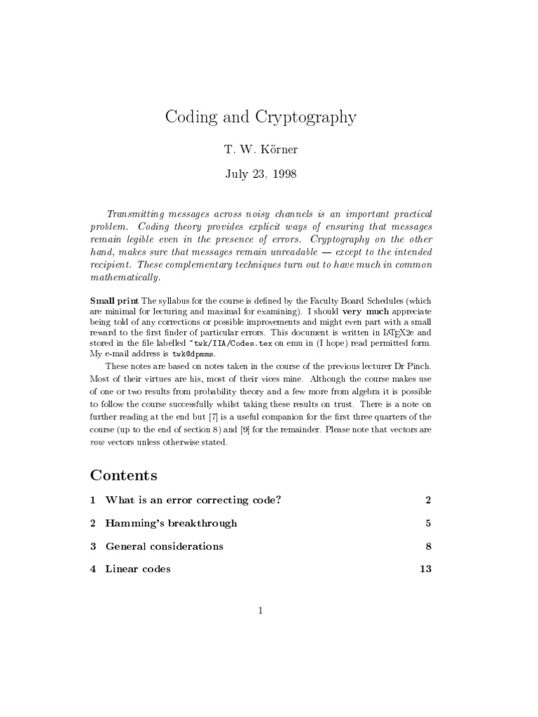 Coding and Cryptography Guide | PDF