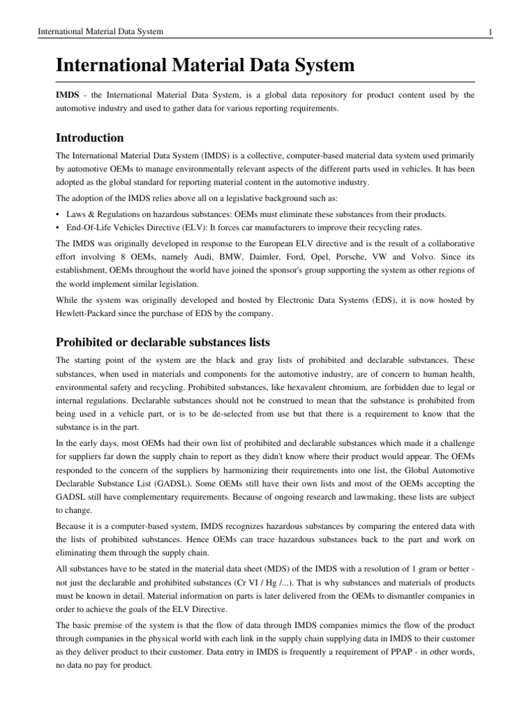 IMDS Overview for Automotive Compliance | PDF | Production And ...