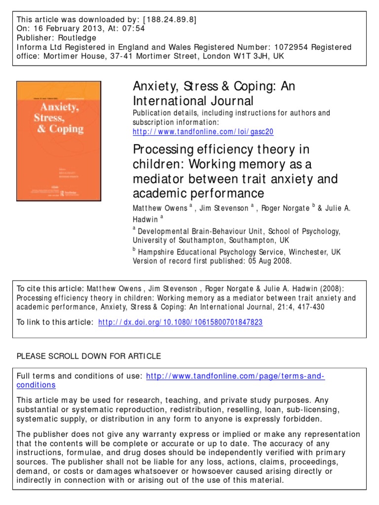 Processing Efficiency Theory in Children Working Memory As A Mediator Between Trait Anxiety and ...