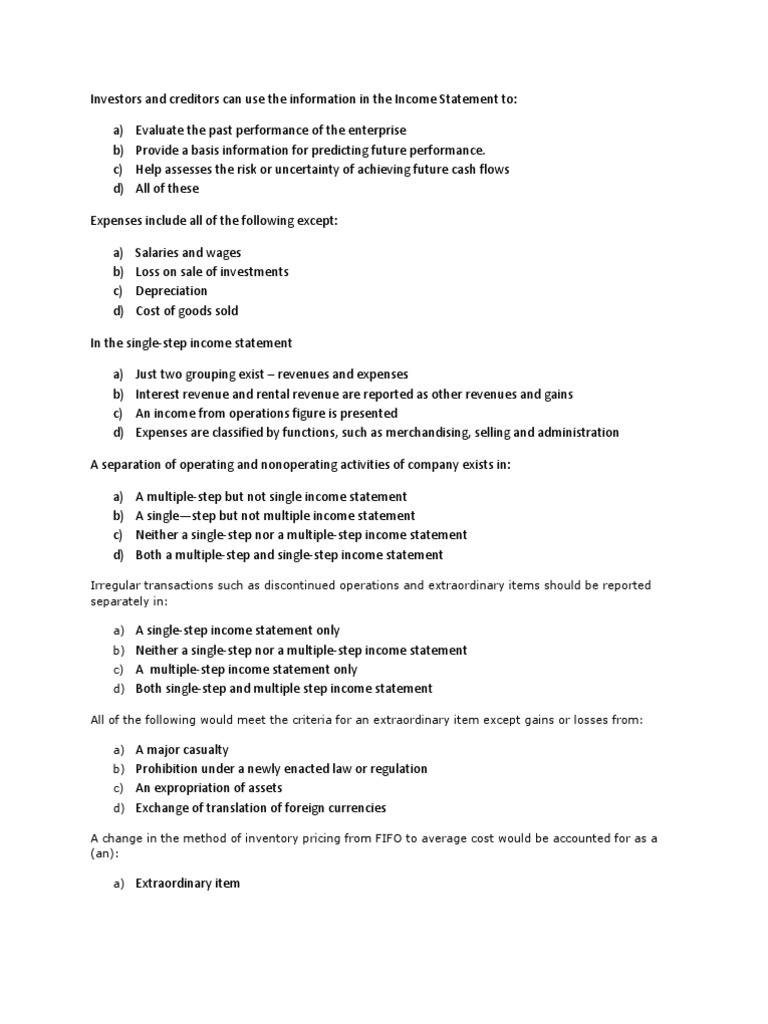 Multiple Choice Questions Pdf Present Value Income Statement