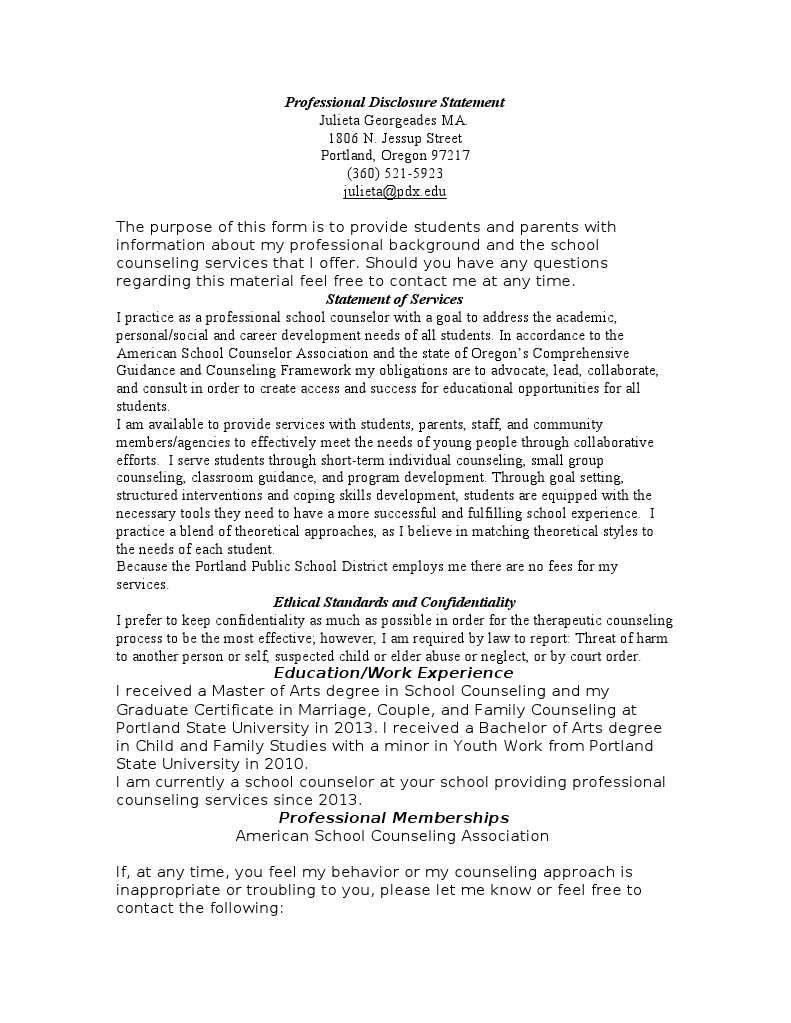 Professional Disclosure Statement | PDF | School Counselor | Social ...