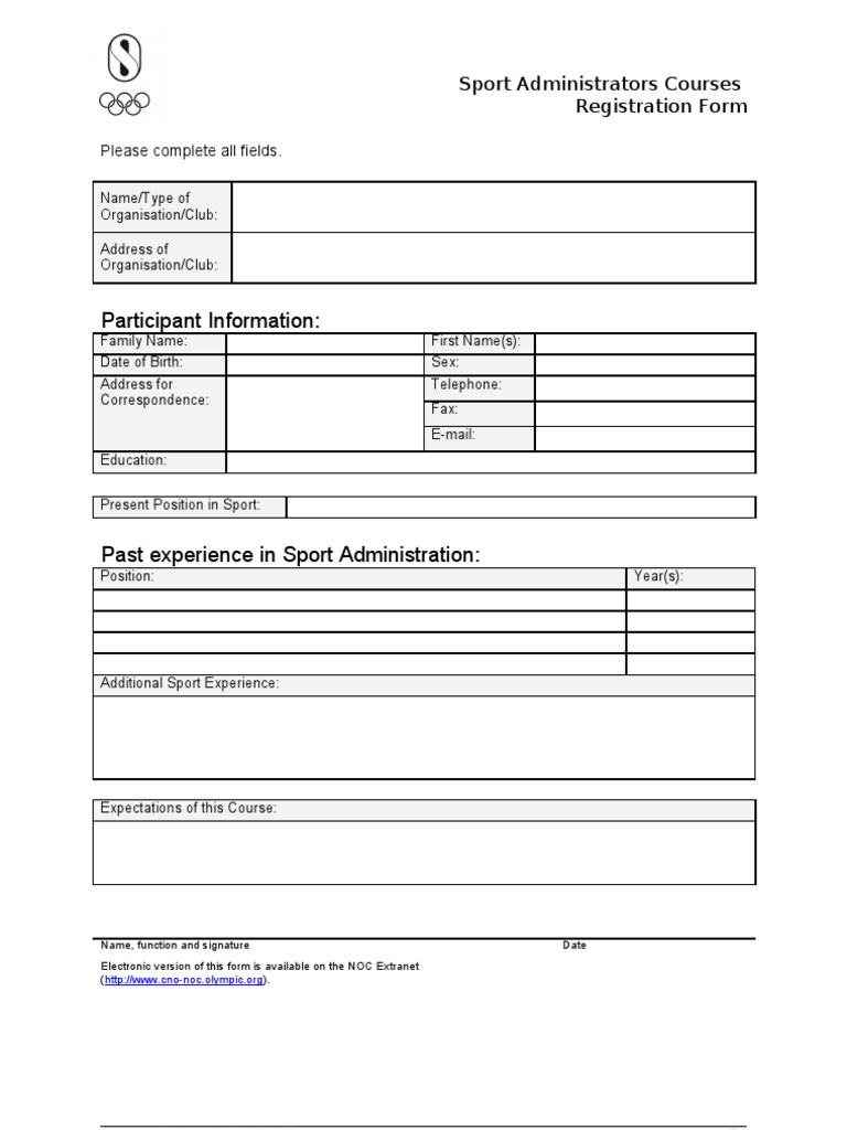 Sport Administrators Course Registration Form | PDF