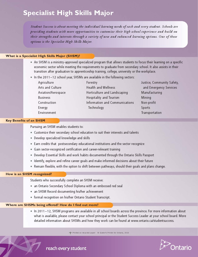 SHSM Fact Sheet | PDF | Finance & Money Management