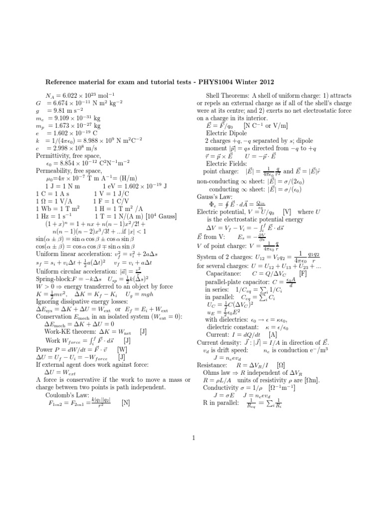 Phys 1004 - Cheat_sheet. Electromagnetism and Waves | Magnetic Field ...