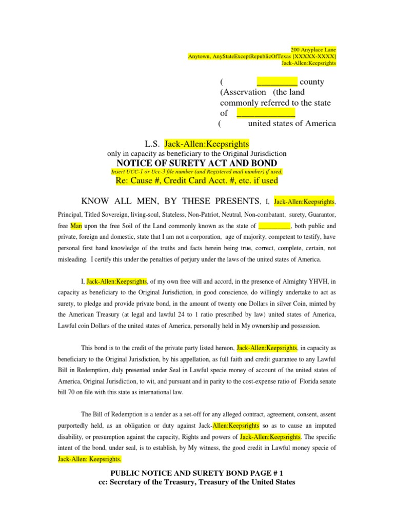 Notice of Surety Act and Bond: Establishing Credit Through Private Bond ...