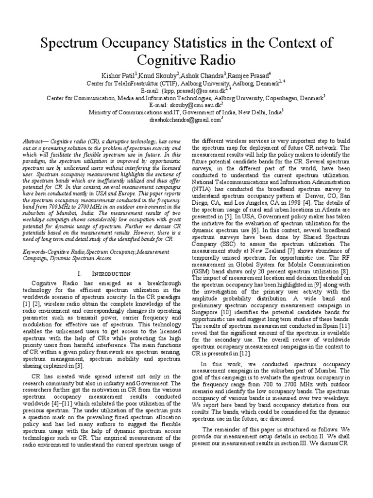 Spectrum Occupancy Statistics In The Context Of Pdf Radio Spectrum Cognitive Radio