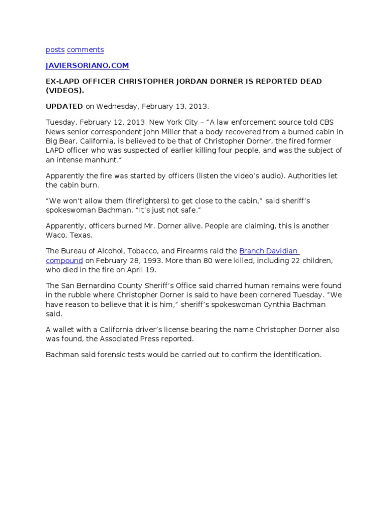 Ex-Lapd Officer Christopher Jordan Dorner Is Reported Dead (VIDEOS ...