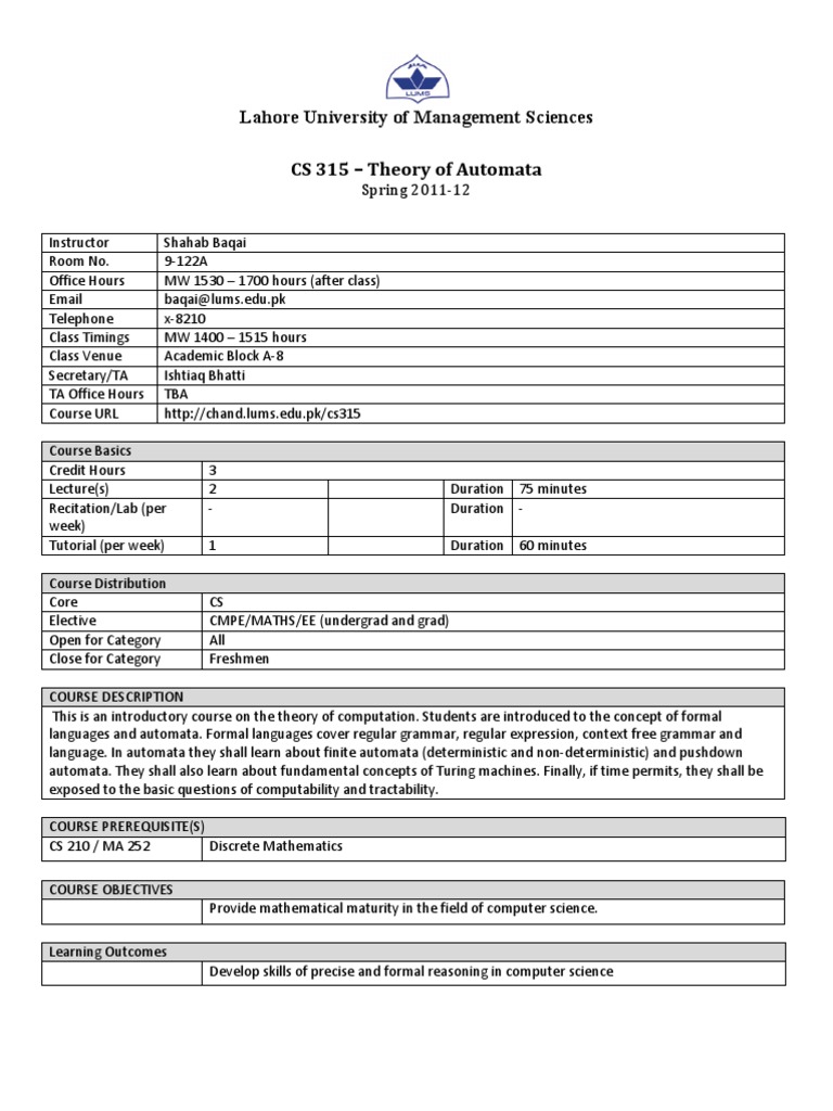 Cs 315 Theory Of Automata Shahab Baqai Pdf Theory Of Computation Computational Complexity 