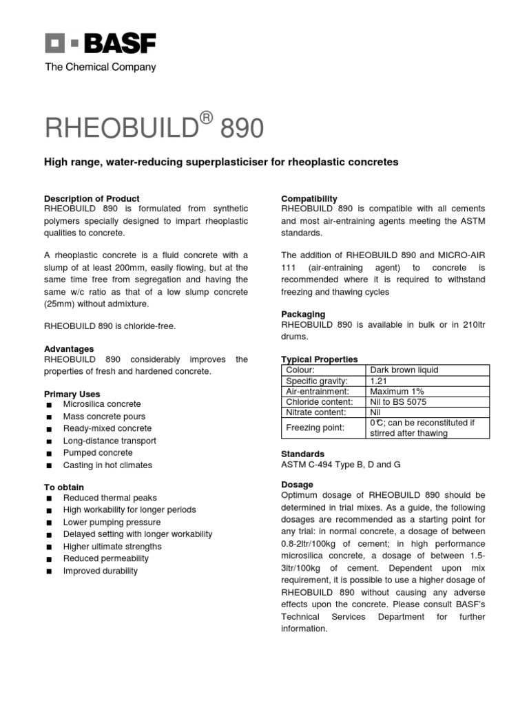 Rheobuild 890 | PDF | Concrete | Building Engineering