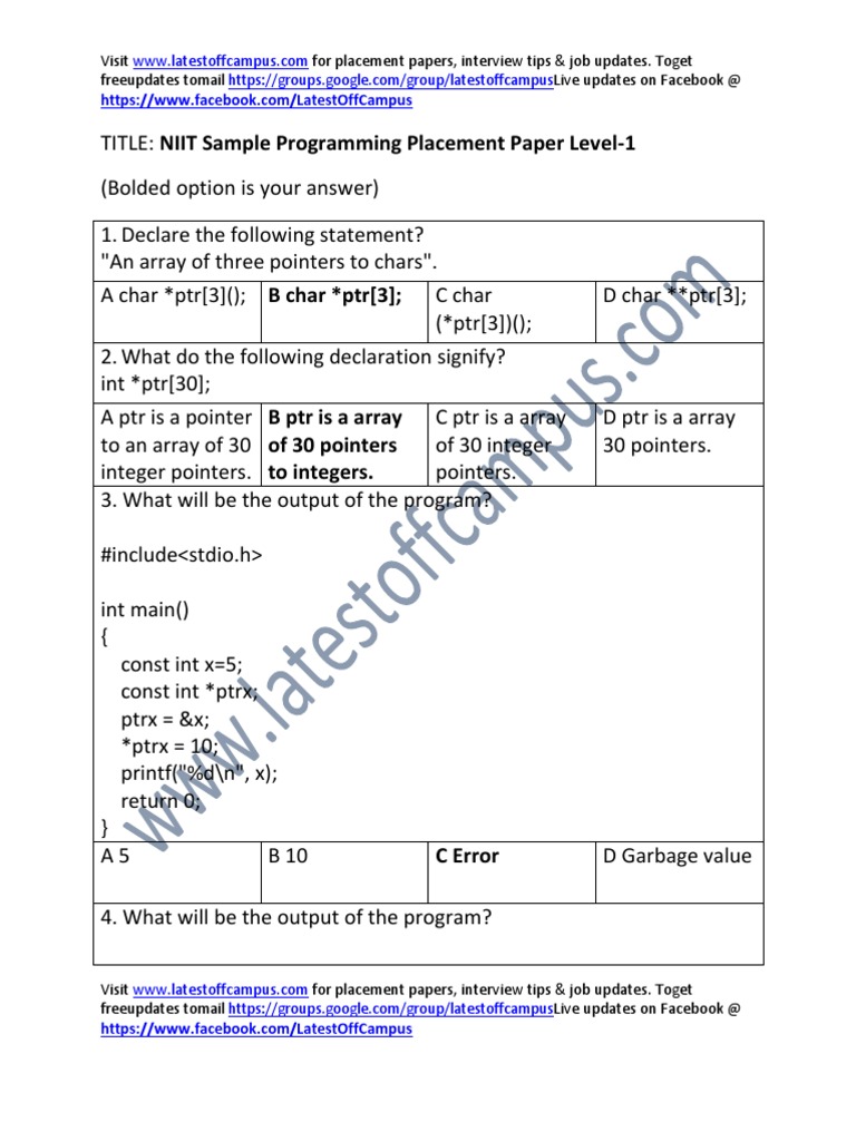 NIIT Sample Programming Placement Paper Level-1 | PDF