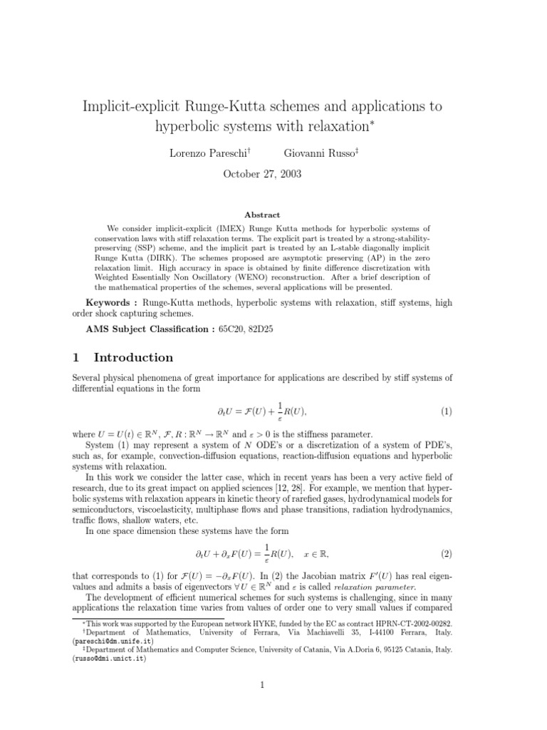 Implicit-Explicit Runge-Kutta Schemes and Applications To Hyperbolic Systems With Relaxation ...