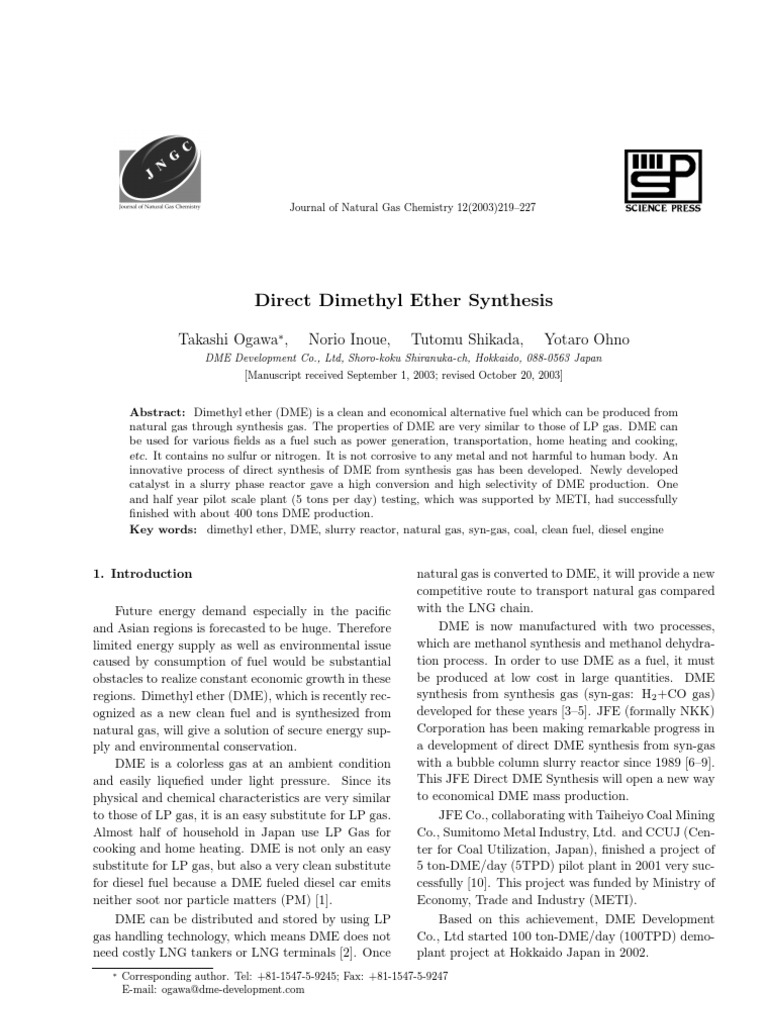 Direct Dimethyl Ether Synthesis | PDF | Natural Gas | Liquefied ...